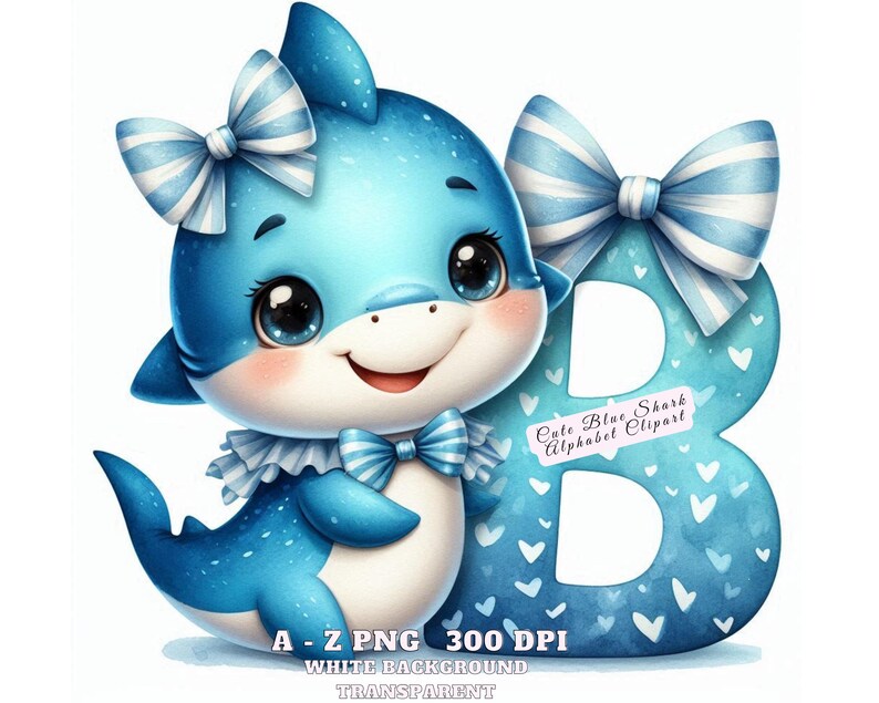 Cute Baby Animals A-Z PNG, Baby Animal Alphabet PNG, Blue Baby Shark ...