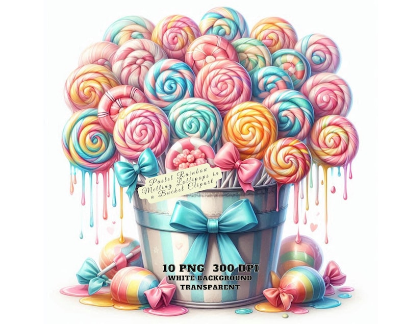 Lollipop Clipart, Pastel Rainbow Melting Lollipops in Bucket With Bow ...