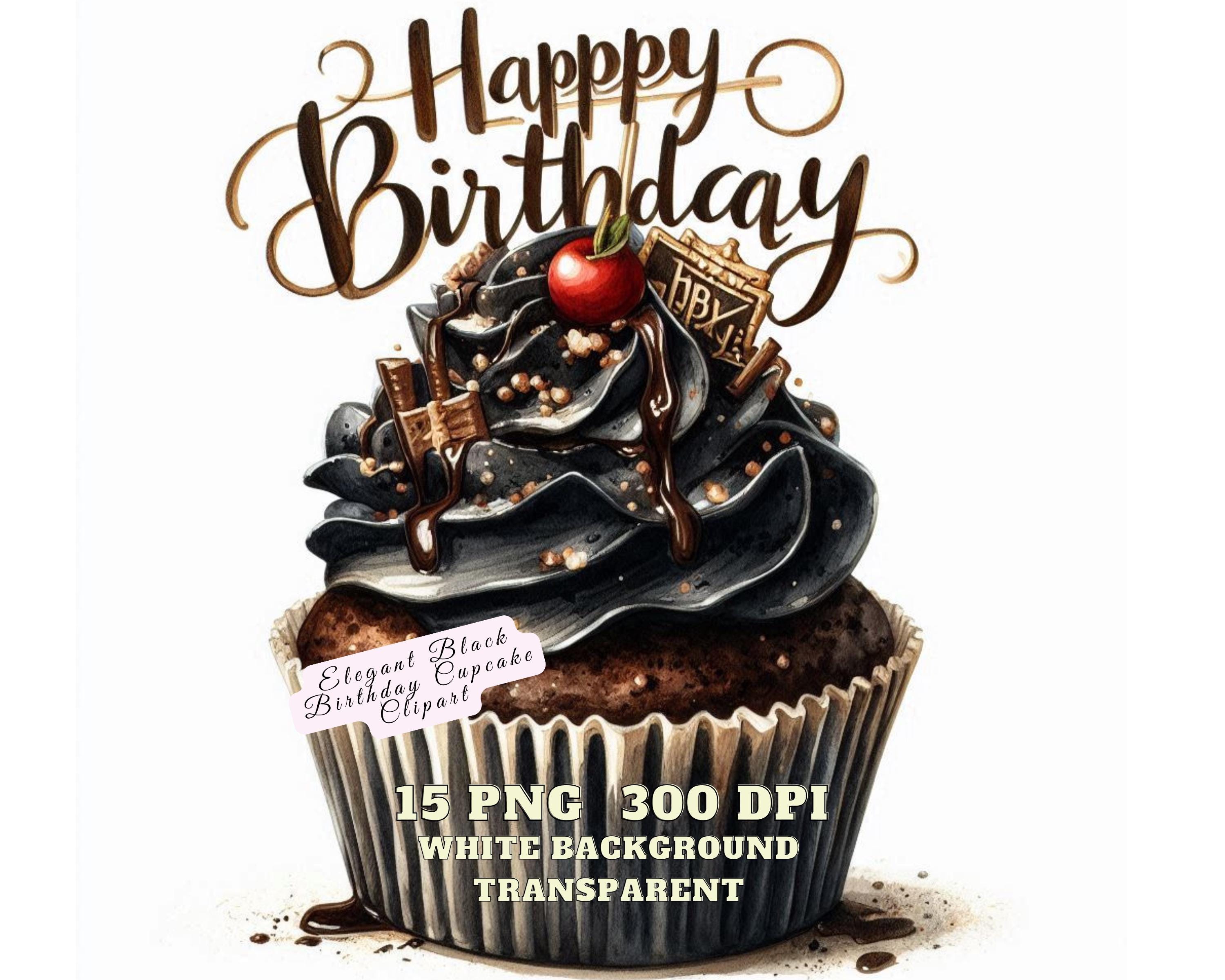 Elegant Black Birthday Cupcake Clipart, Watercolor Black Birthday ...