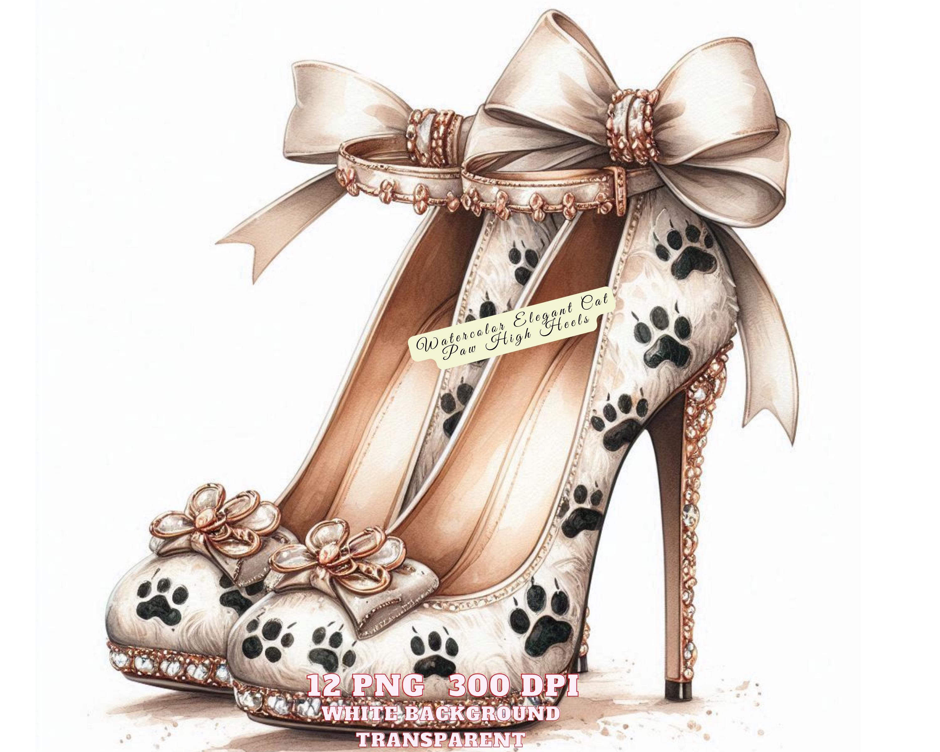 Watercolor Elegant Cat Paw High Heels Clipart, Stylish Heels With Cat ...
