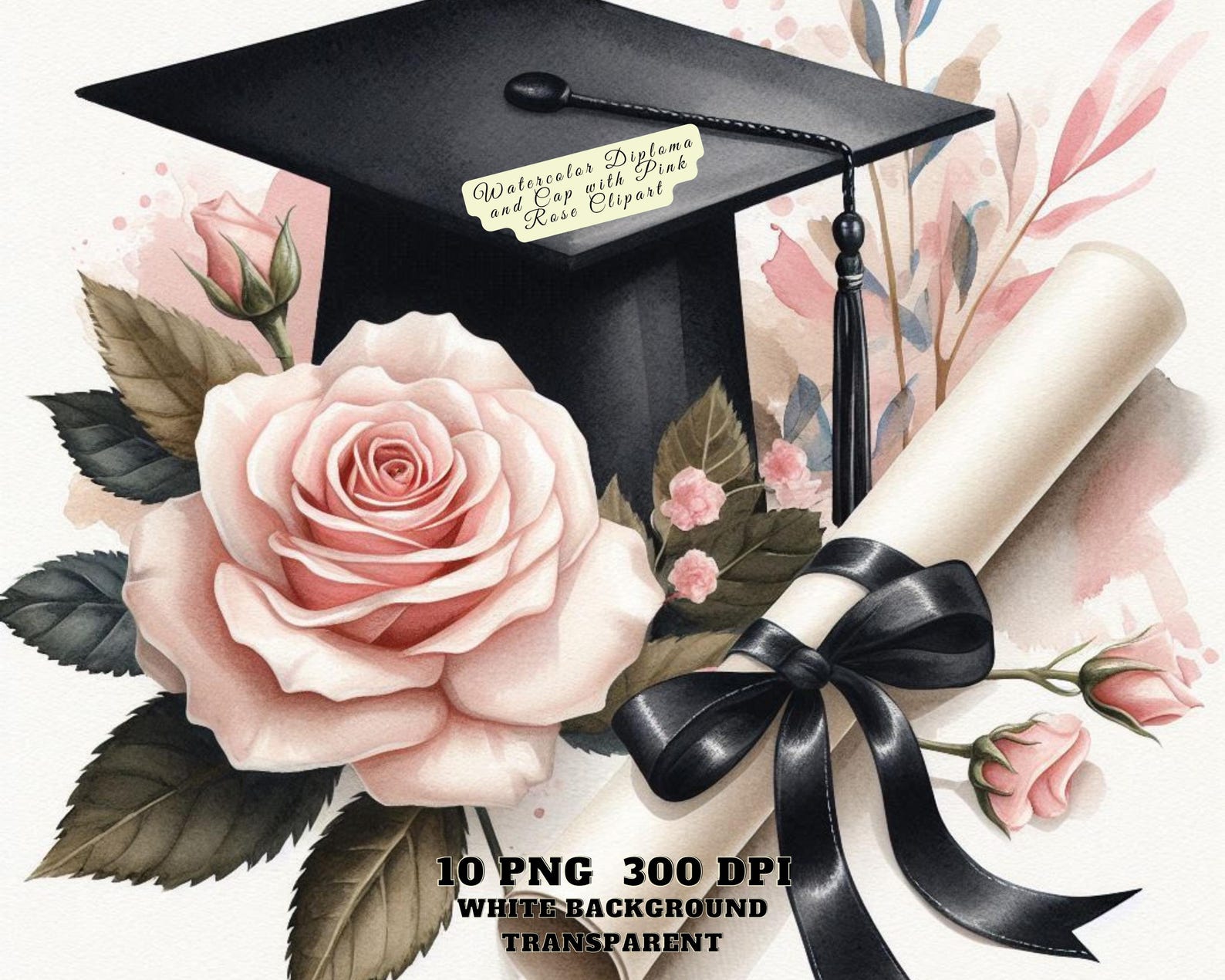Watercolor Diploma and Cap With Pink Rose Clipart, Graduation Clipart ...