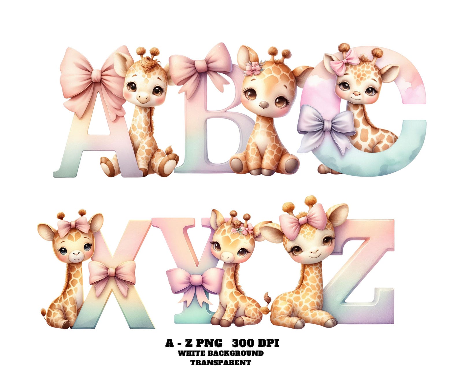 Animal Giraffe Alphabet Clipart, Baby Giraffe Watercolor Alphabet ...