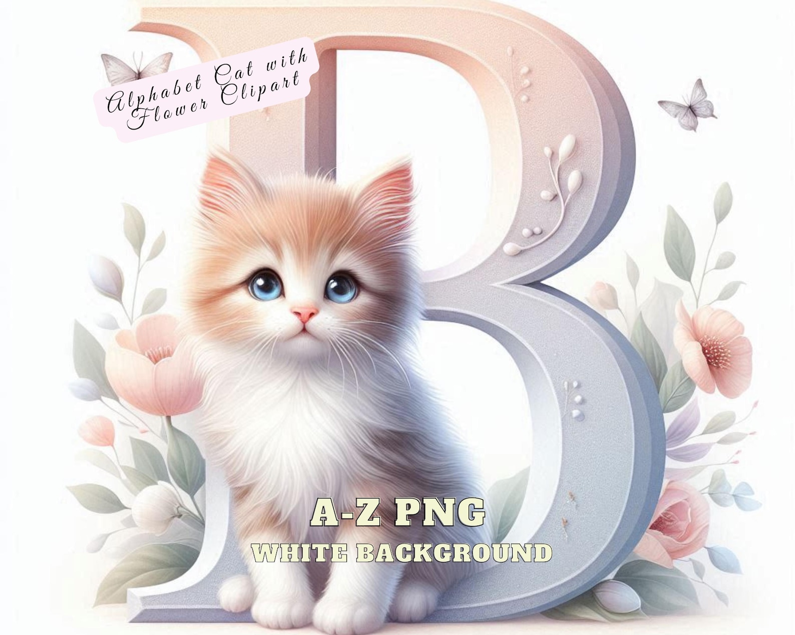 Adorable Cat Letter Alphabet Clipart, Watercolor Floral Kitten Alphabet ...