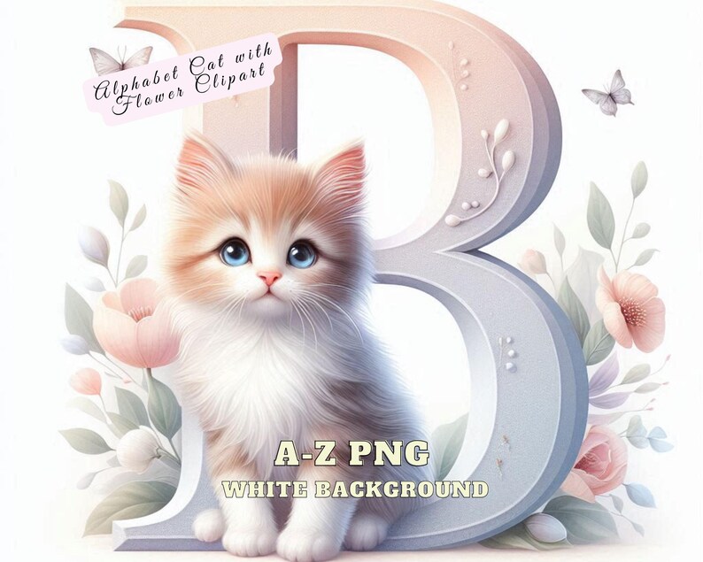 Schattige kat letter alfabet clipart, aquarel bloemen kitten alfabet ...