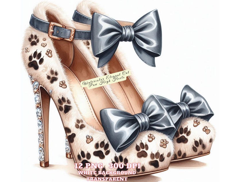 Watercolor Elegant Cat Paw High Heels Clipart, Stylish Heels With Cat ...