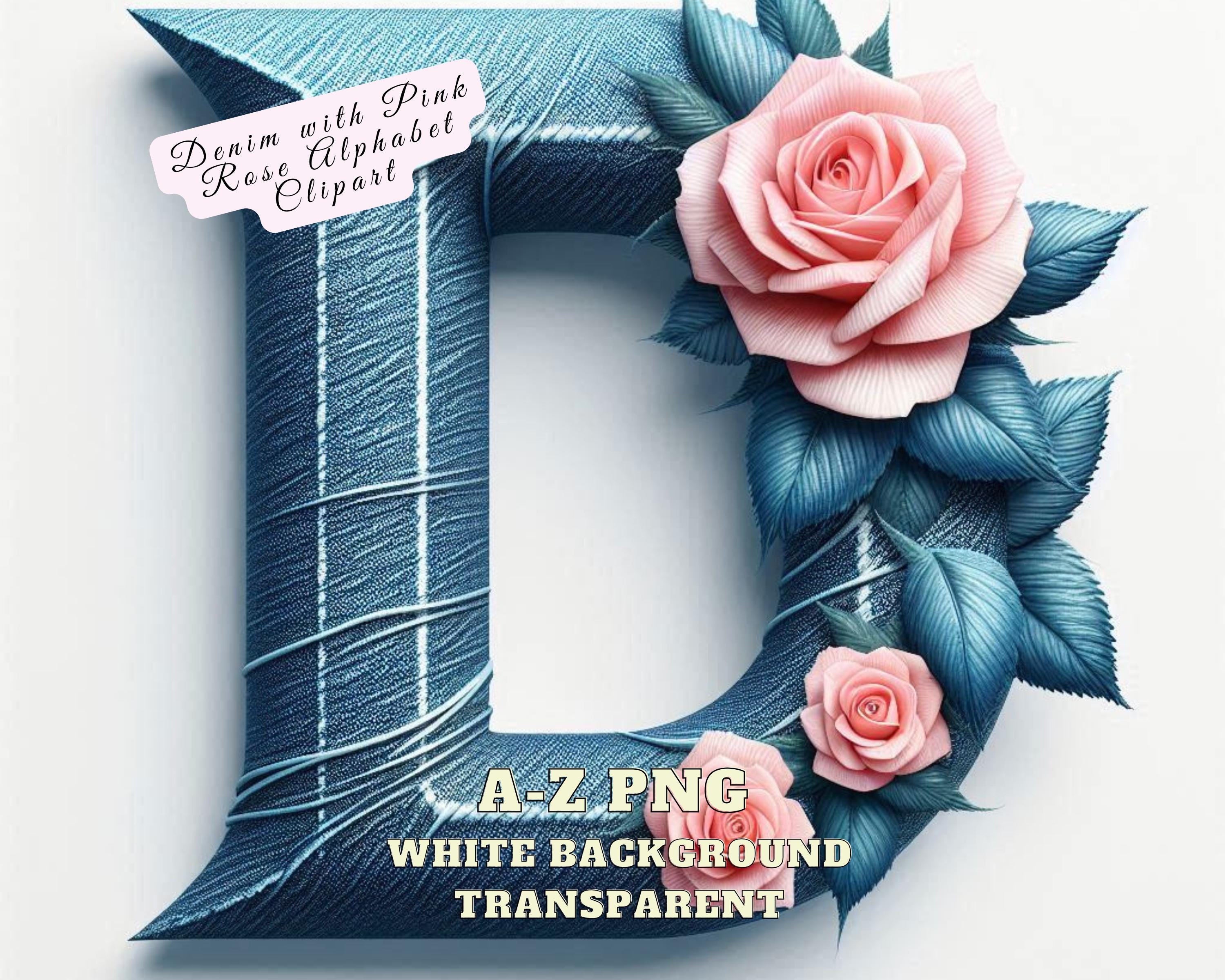 Denim Alphabet Clipart, Denim With Pink Rose Alphabet Clipart Bundle ...