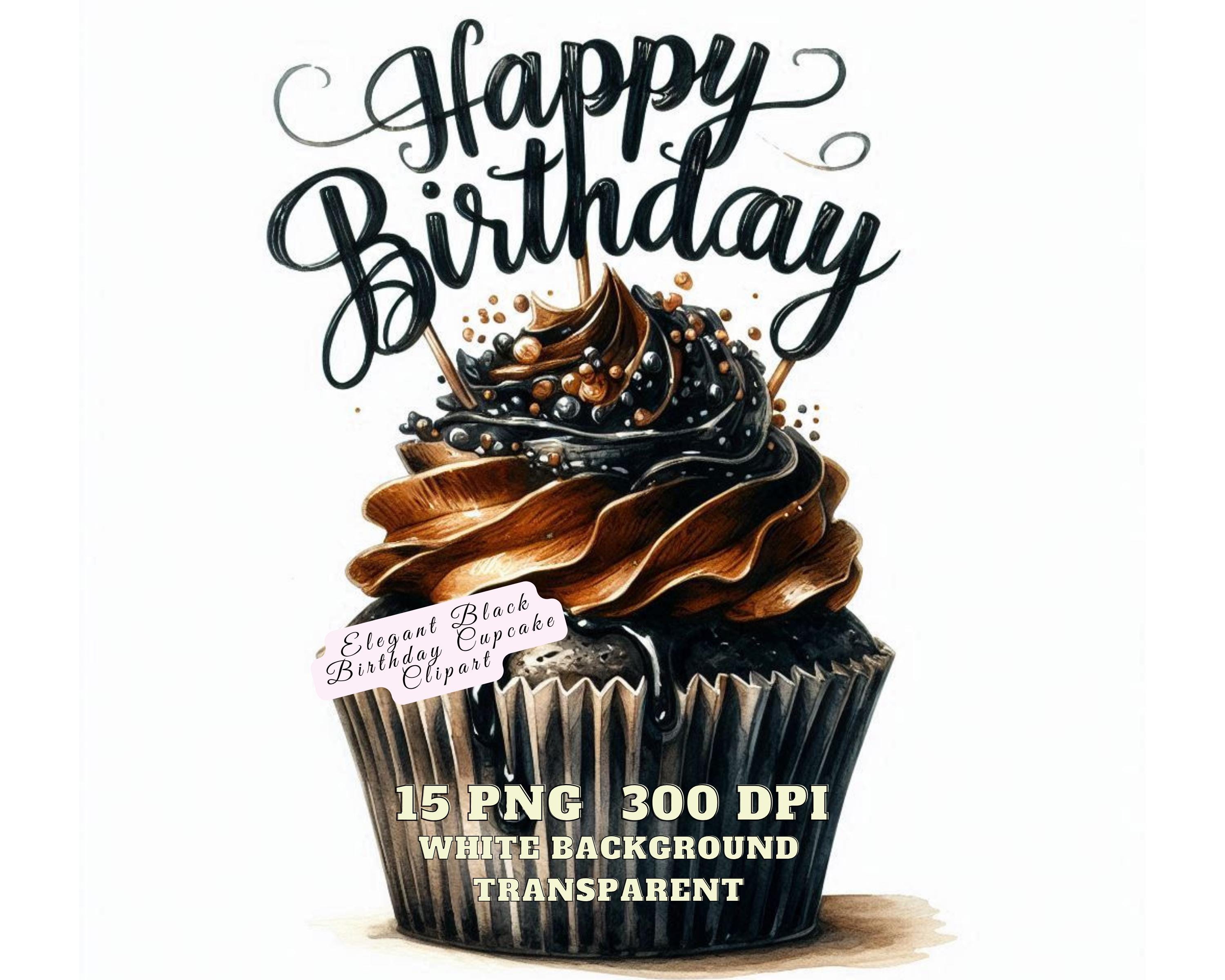Elegant Black Birthday Cupcake Clipart, Watercolor Black Birthday ...