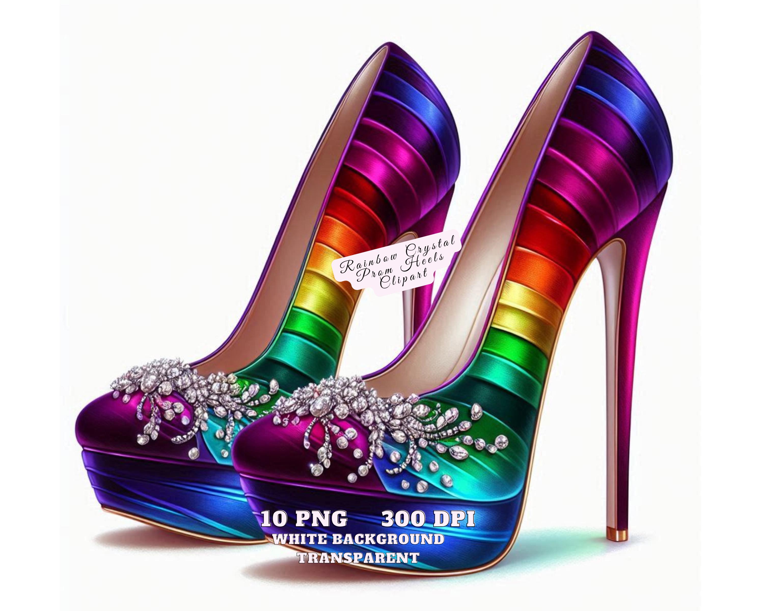 Rainbow Crystal Prom Heels Clipart, Sparkly High Heel PNG, Fashion Shoe ...
