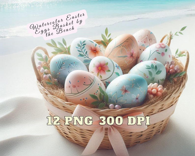 Watercolor Easter Eggs Basket by the Beach Clipart, 12 Nautical Easter ...