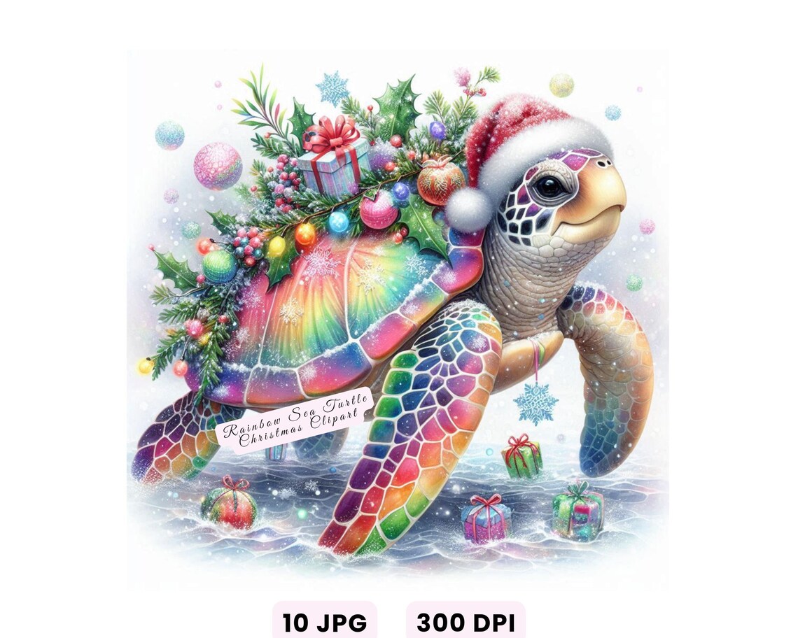 Christmas Animal Clipart, Rainbow Sea Turtle Clipart, Christmas Turtle ...