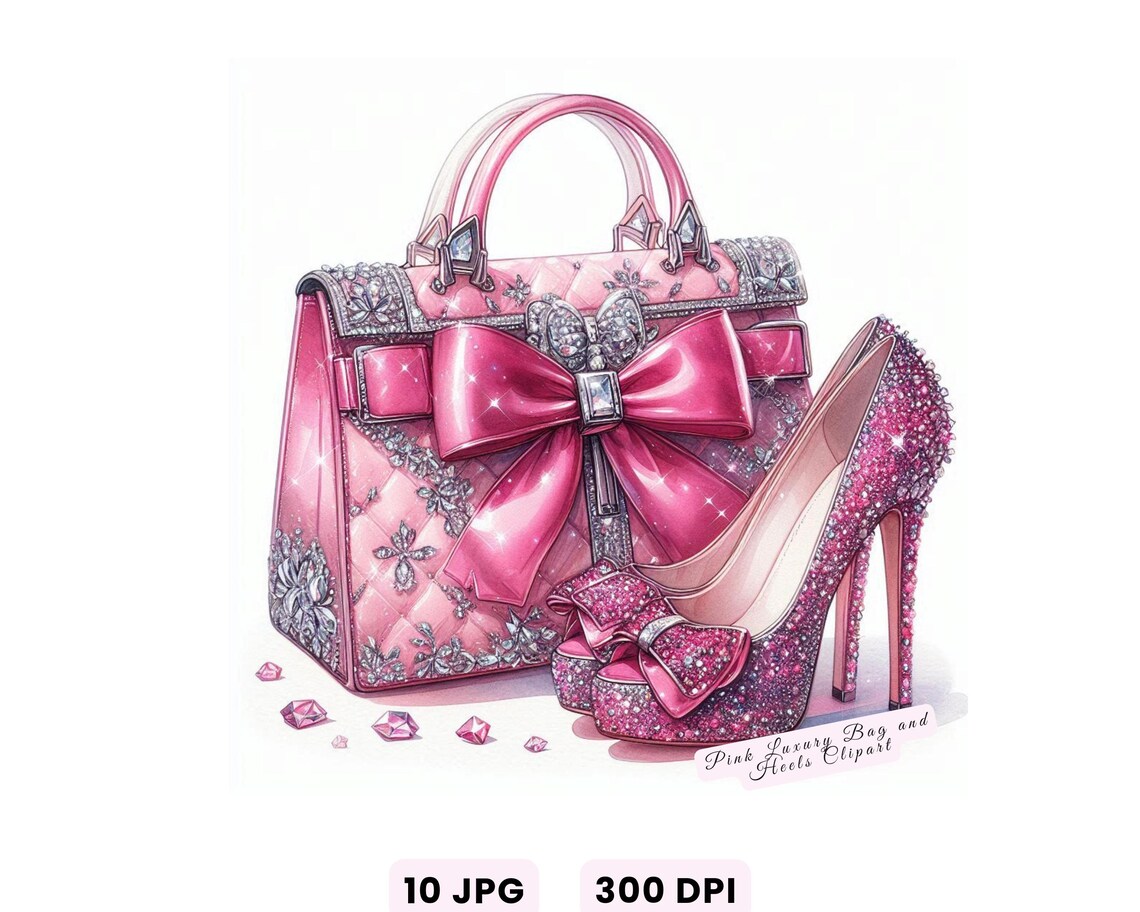 Fuchsia Crystal Luxury Bag & High Heels Set, Watercolor Fashion ...