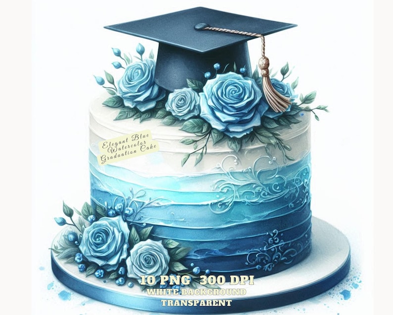 Watercolor Elegant Blue Graduation Cake Clipart PNG, Class of 2025, Cap ...