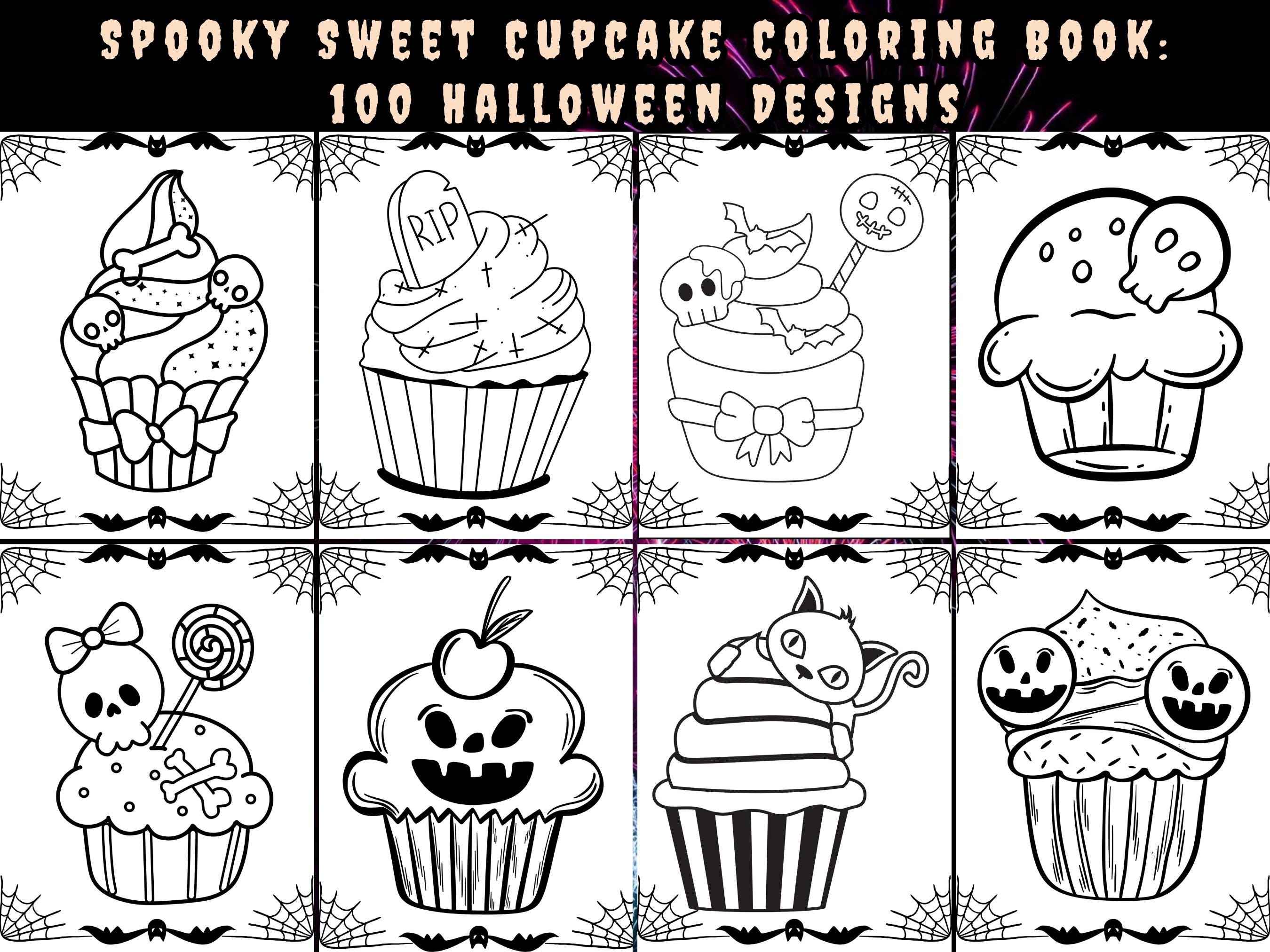 Spooky Halloween Cupcakes Coloring Pages, Creepy Cute Cupcake Coloring ...