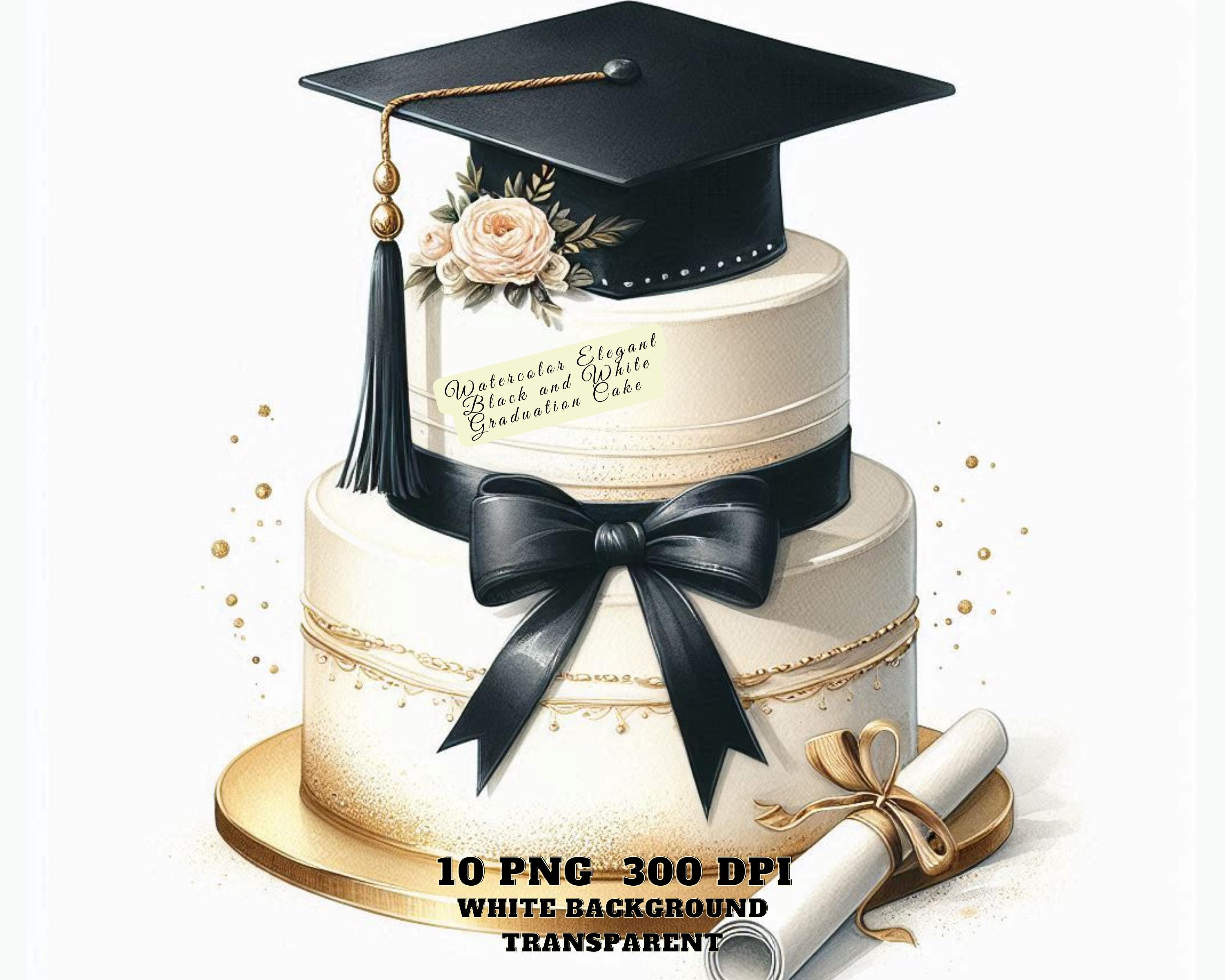 Watercolor Elegant Black and White Graduation Cake Clipart PNG, Class ...