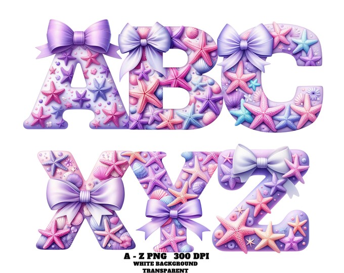 Beach Alphabet Clip Art: Seashell Ocean Letters, Coastal Numbers (PNG ...