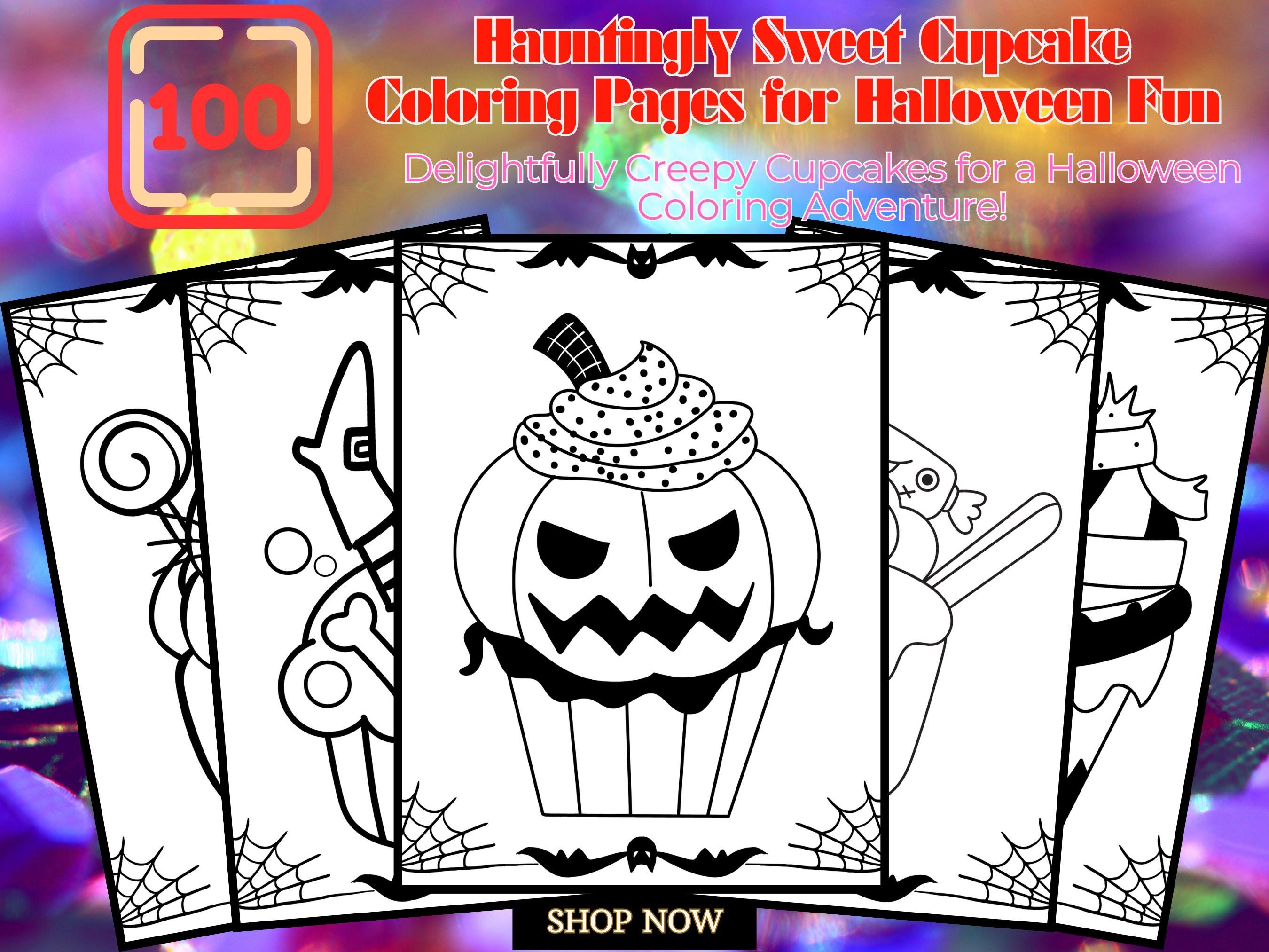 Spooky Halloween Cupcakes Coloring Pages, Creepy Cute Cupcake Coloring ...