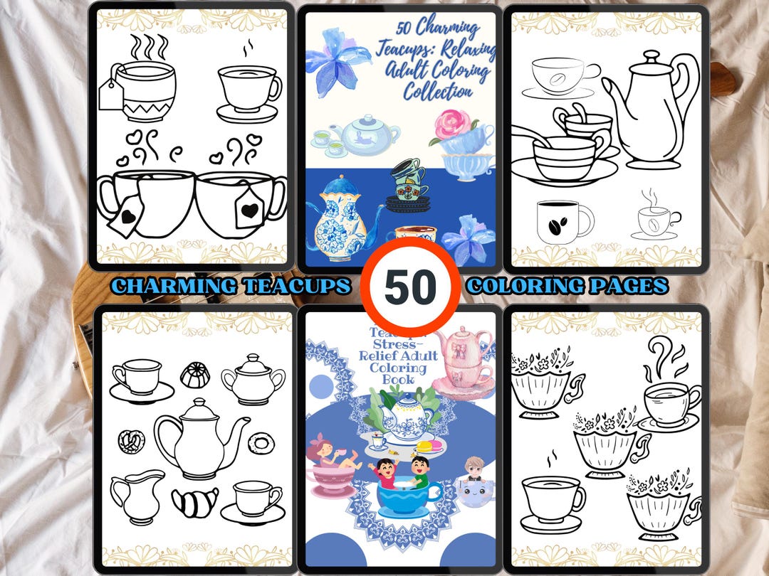 Teacups Printable Coloring Pages, Adult Coloring Cups of Tea, Digital ...