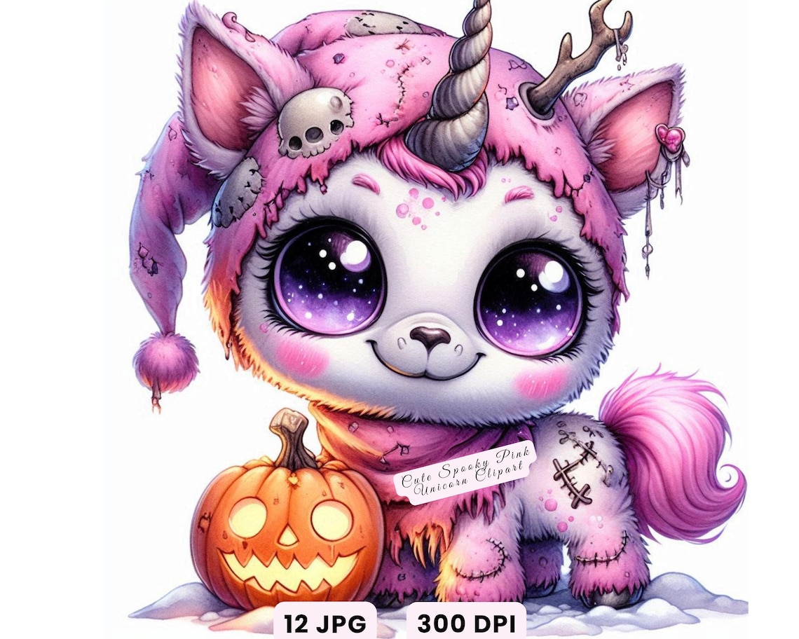 Cute Pink Spooky Unicorn Clipart, Pastel Halloween Unicorn JPG, Spooky ...