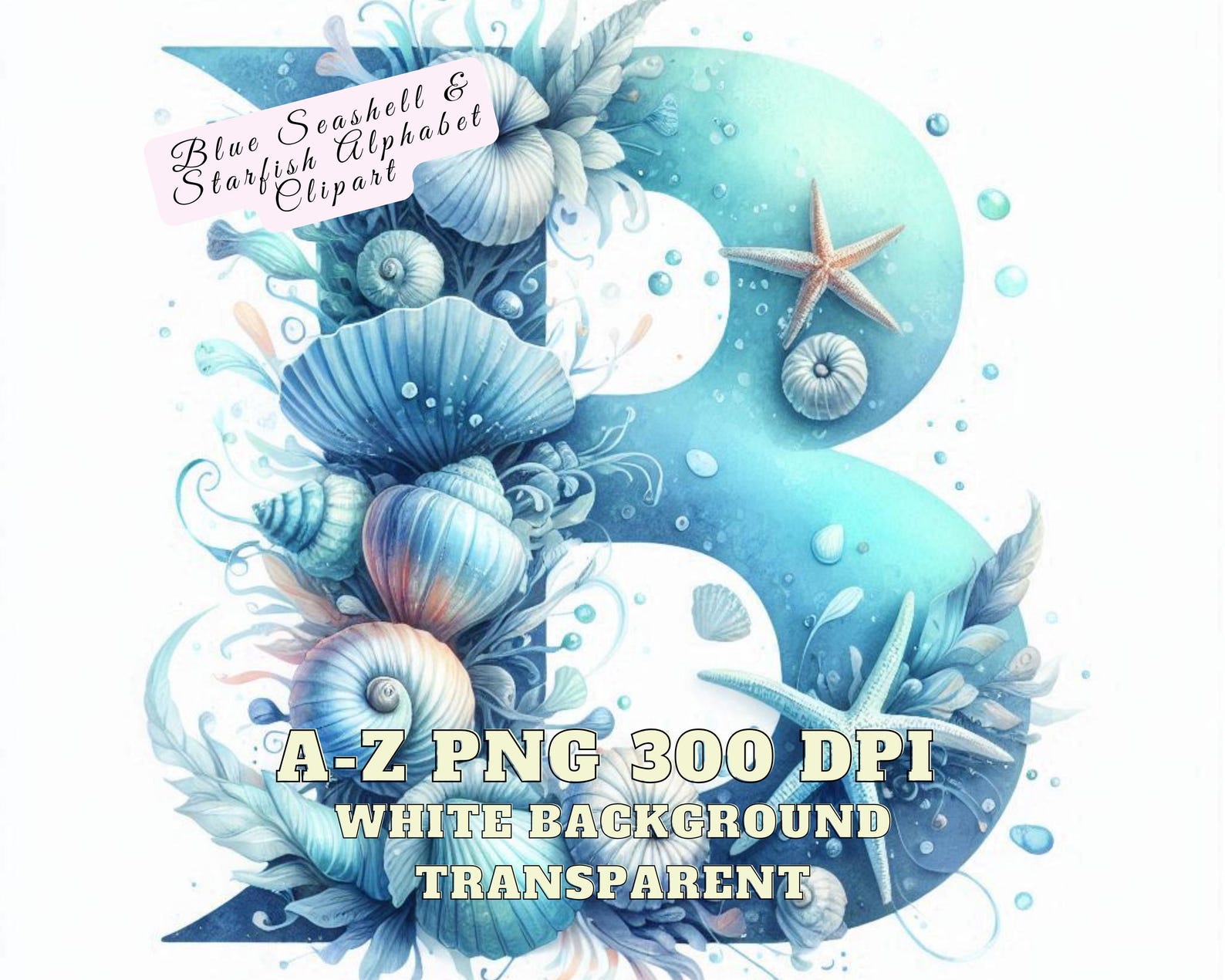Seashell Alphabet Clipart, Blue Seashells & Starfish Alphabet Clipart ...
