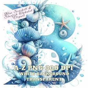 Seashell Alphabet Clipart, Blue Seashells & Starfish Alphabet Clipart ...