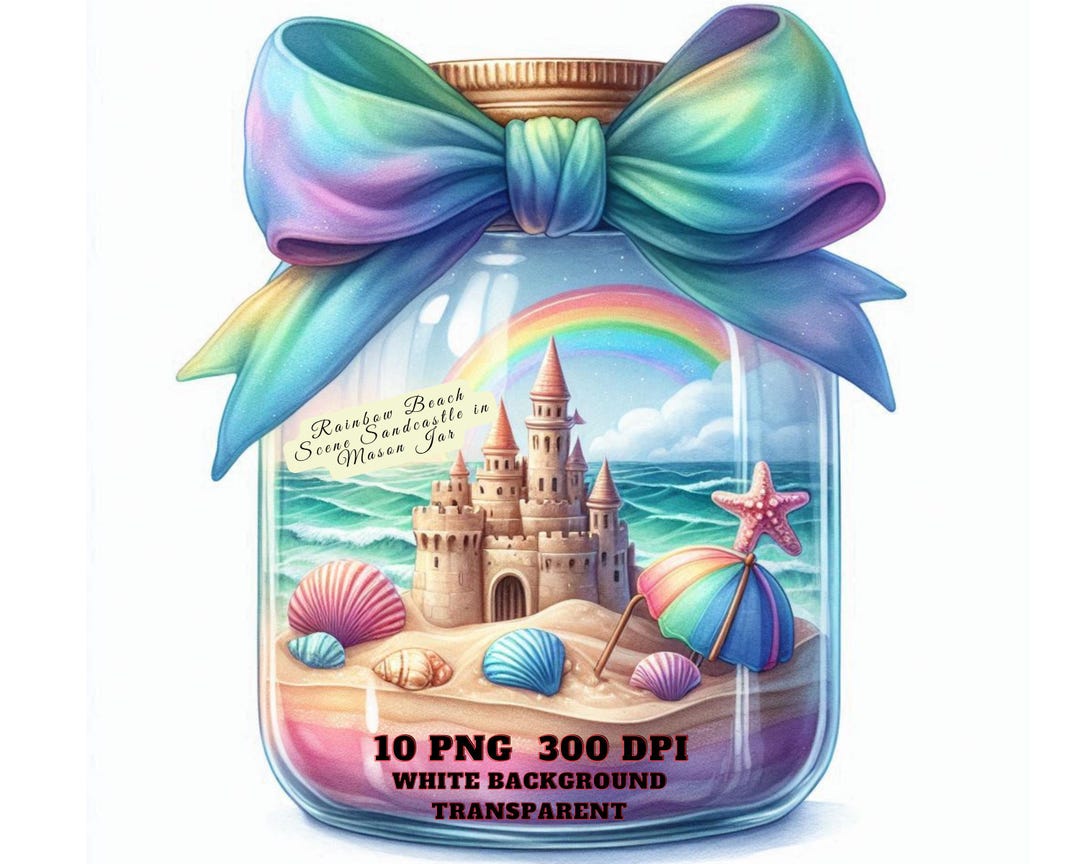 Sandcastle in Mason Jar Clipart, Summer Clipart, Rainbow Beach Scene ...