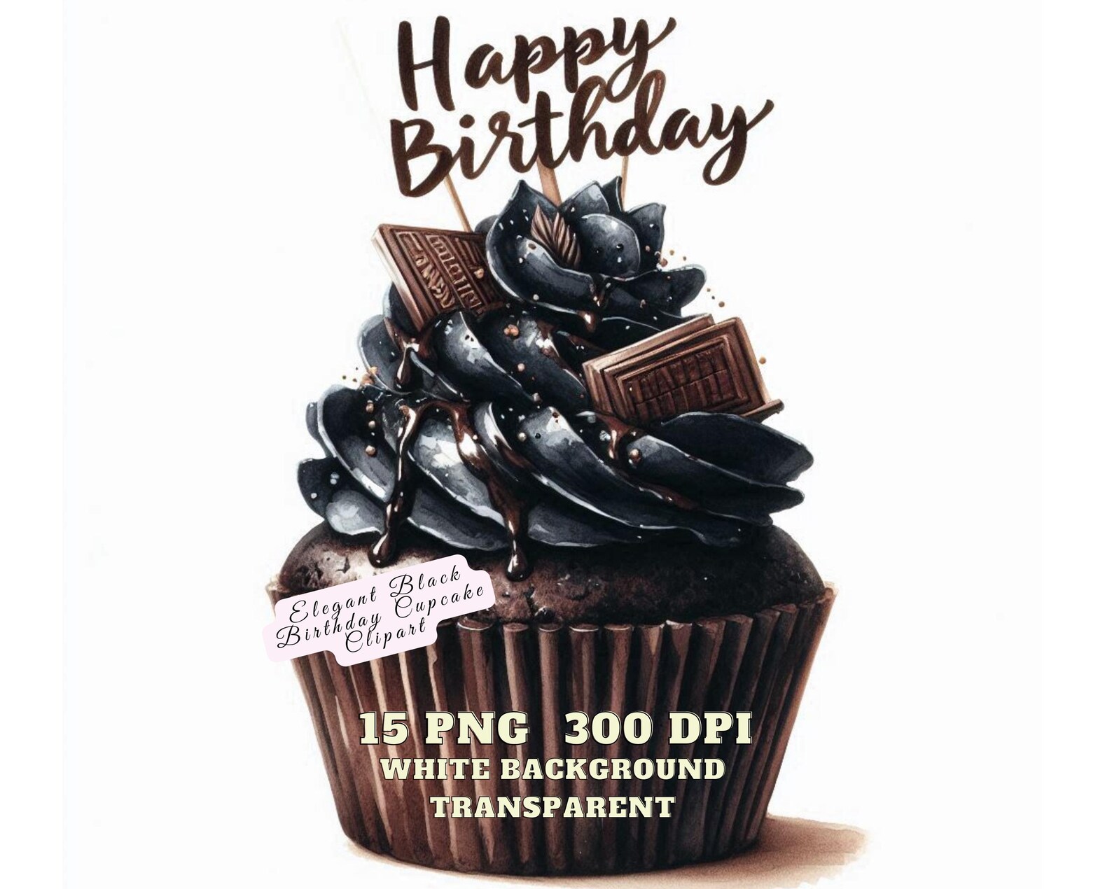 Elegant Black Birthday Cupcake Clipart, Watercolor Black Birthday ...