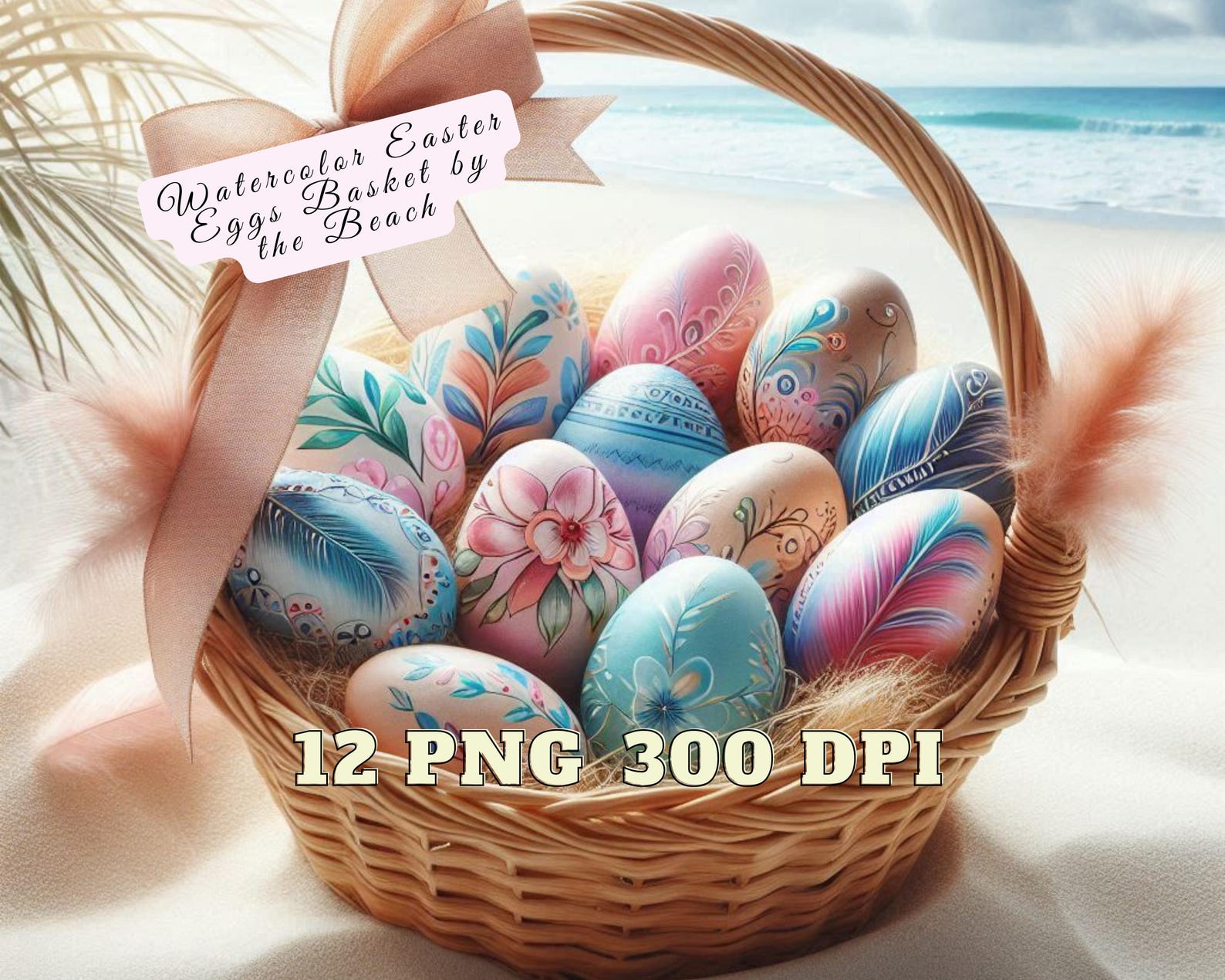 Watercolor Easter Eggs Basket by the Beach Clipart, 12 Nautical Easter ...