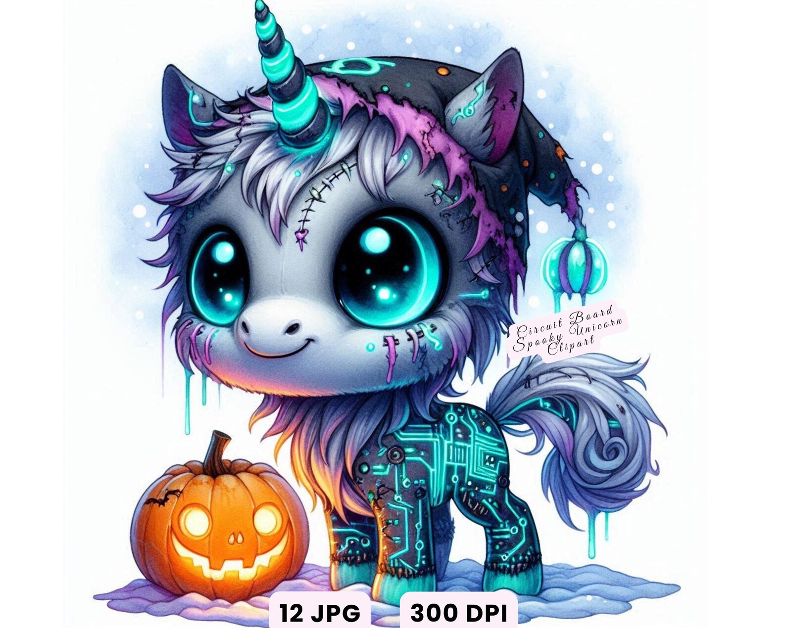 Spooky Cute Unicorn Clipart, Spooky Tech Pattern JPG, Creepy Cute ...