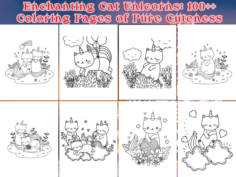 Unicorn Cat Coloring Pages for Kids, Kittycorn Coloring Book, Cute ...