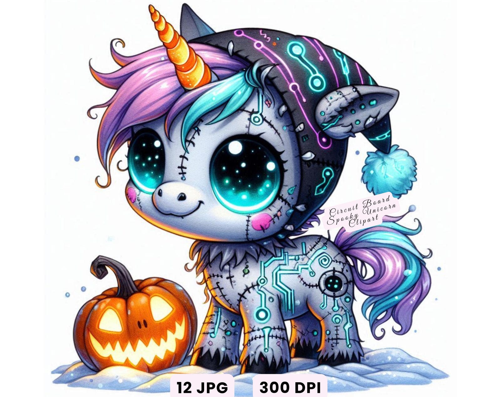Spooky Cute Unicorn Clipart, Spooky Tech Pattern JPG, Creepy Cute ...