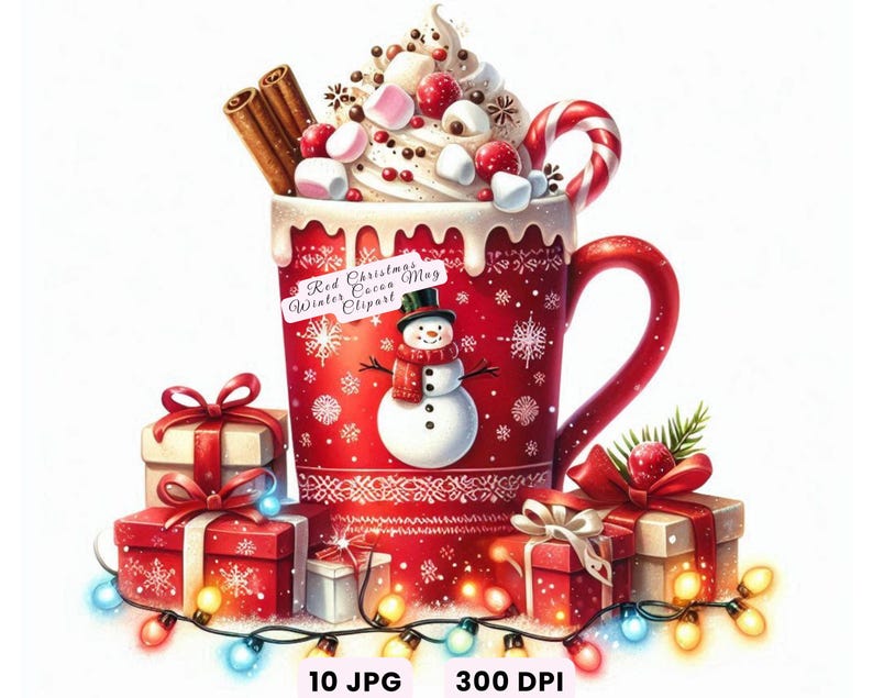 Holiday Clipart, 10 Christmas Red Hot Cocoa Mug, Festive Winter Drink ...