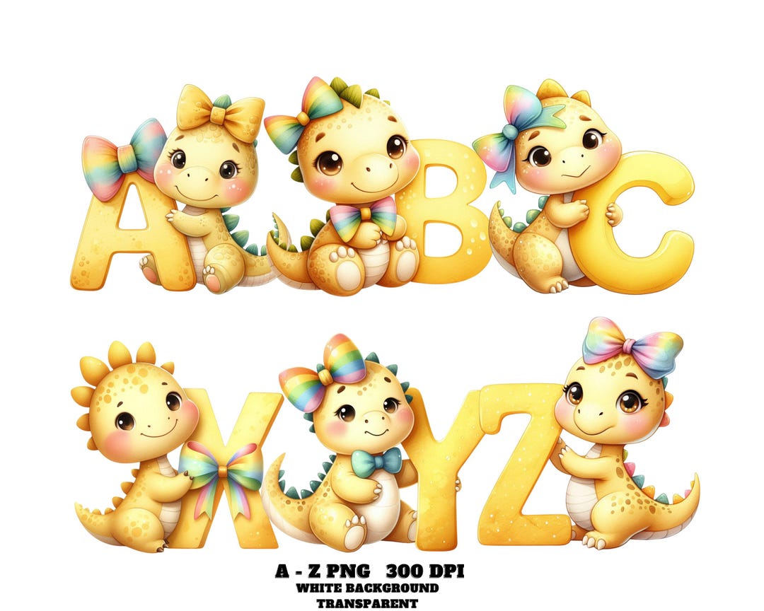 Baby Dinosaur Alphabet Doodles, Yellow Dino Alphabet Clipart A-Z PNG ...