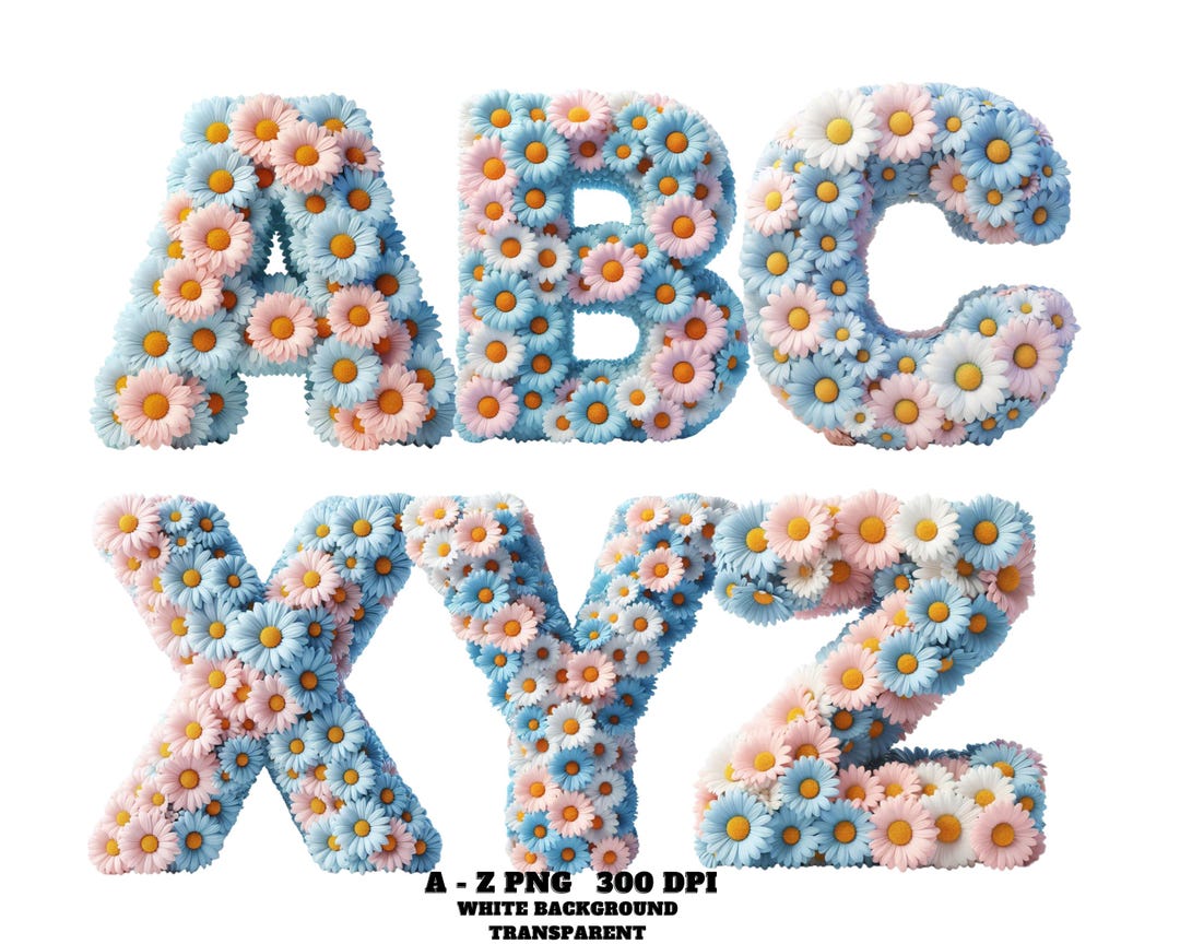 Flower Alphabet Clipart, Daisy Floral Alphabet PNG, Blue and Pink Daisy ...