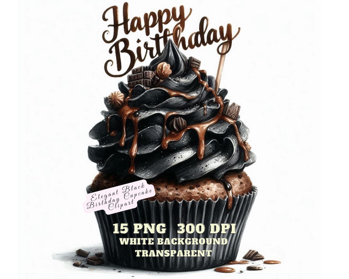 Elegant Black Birthday Cupcake Clipart, Watercolor Black Birthday ...