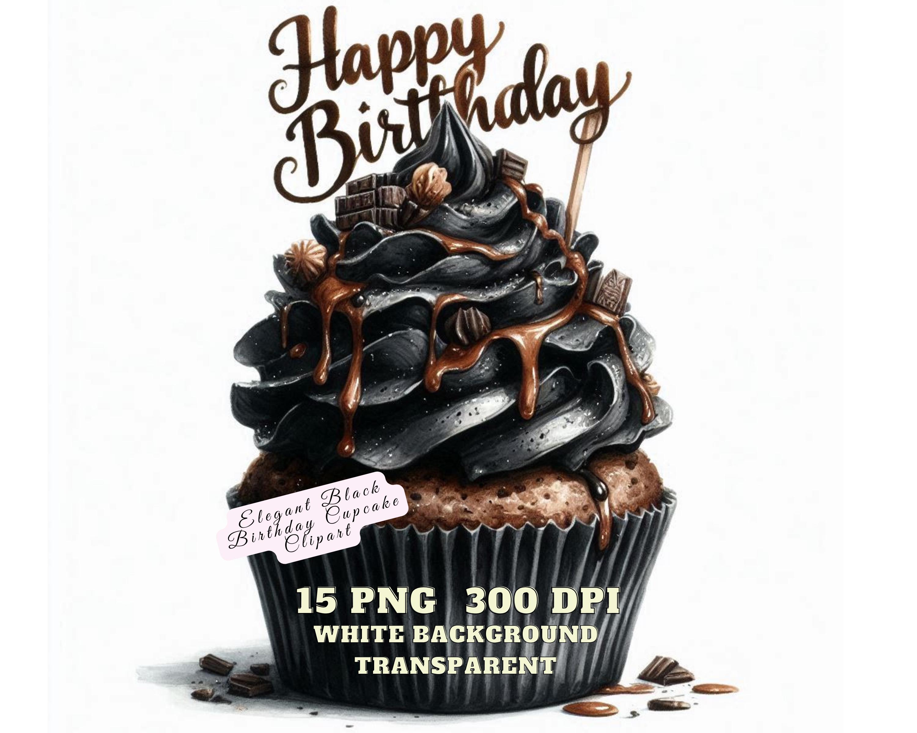 Elegant Black Birthday Cupcake Clipart, Watercolor Black Birthday ...