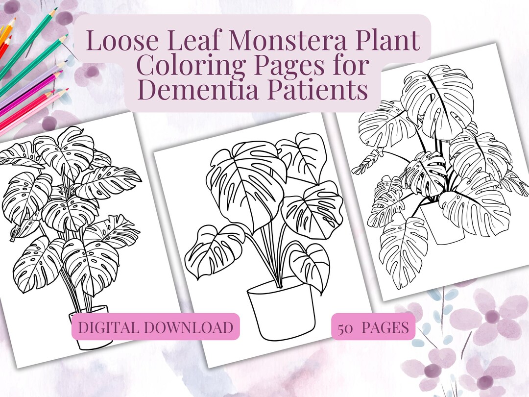 Loose Leaf Monstera Plant Coloring Pages for Seniors and Dementia ...