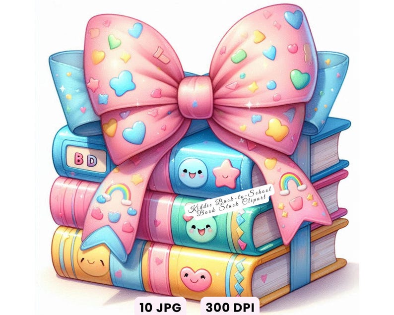 10 Book Clipart JPG, Kiddie Back-to-school Book Stack With Bow, Cute ...