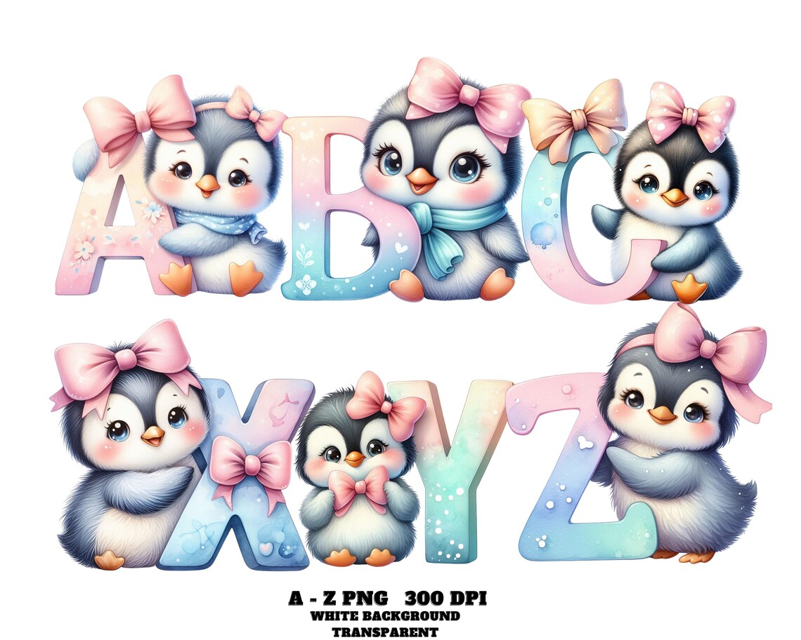 Penguin Alphabet PNG Font, Watercolor Cute Animal Alphabet Clipart ...