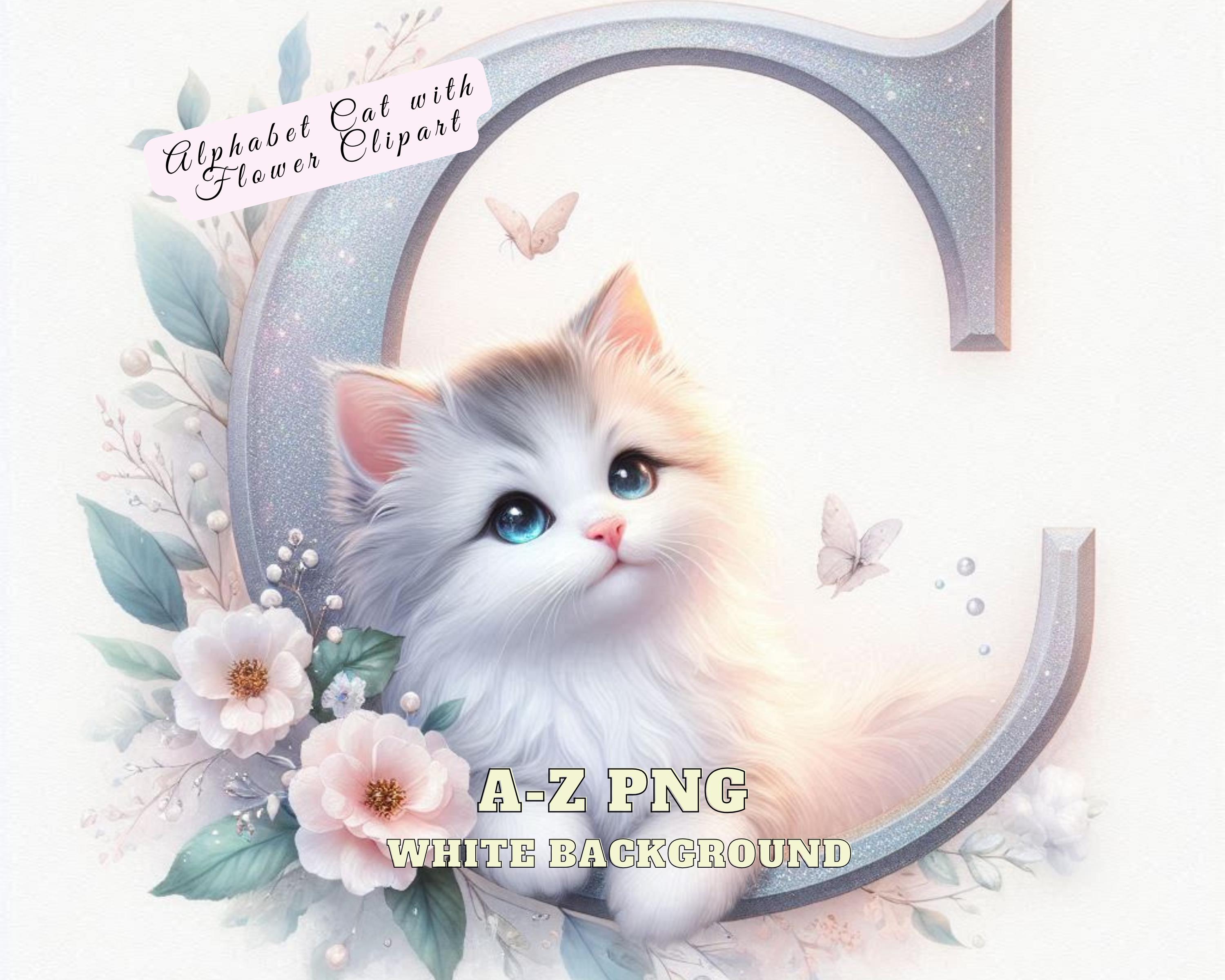 Adorable Cat Letter Alphabet Clipart, Watercolor Floral Kitten Alphabet ...