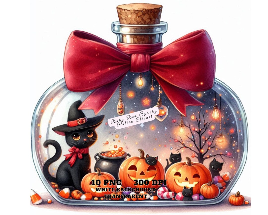 Ruby Red Spooky Potion Glass Jar Clipart With Bow, Halloween Bottle PNG ...