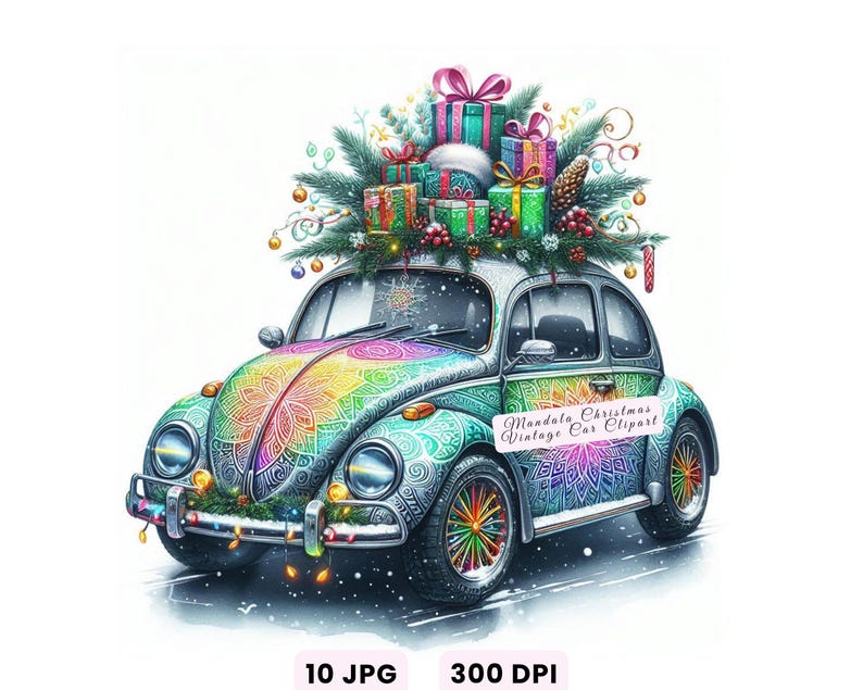 Christmas Vintage Car Clipart, 10 Mandala Retro Car Clipart, Holiday ...