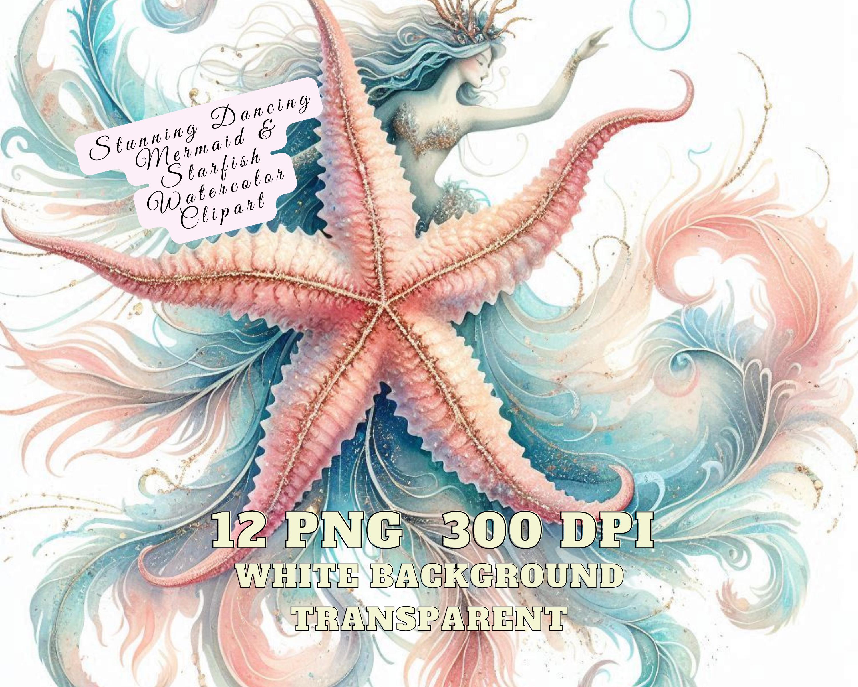 12 Mermaid Clipart, Stunning Dancing Mermaid & Starfish Watercolor ...