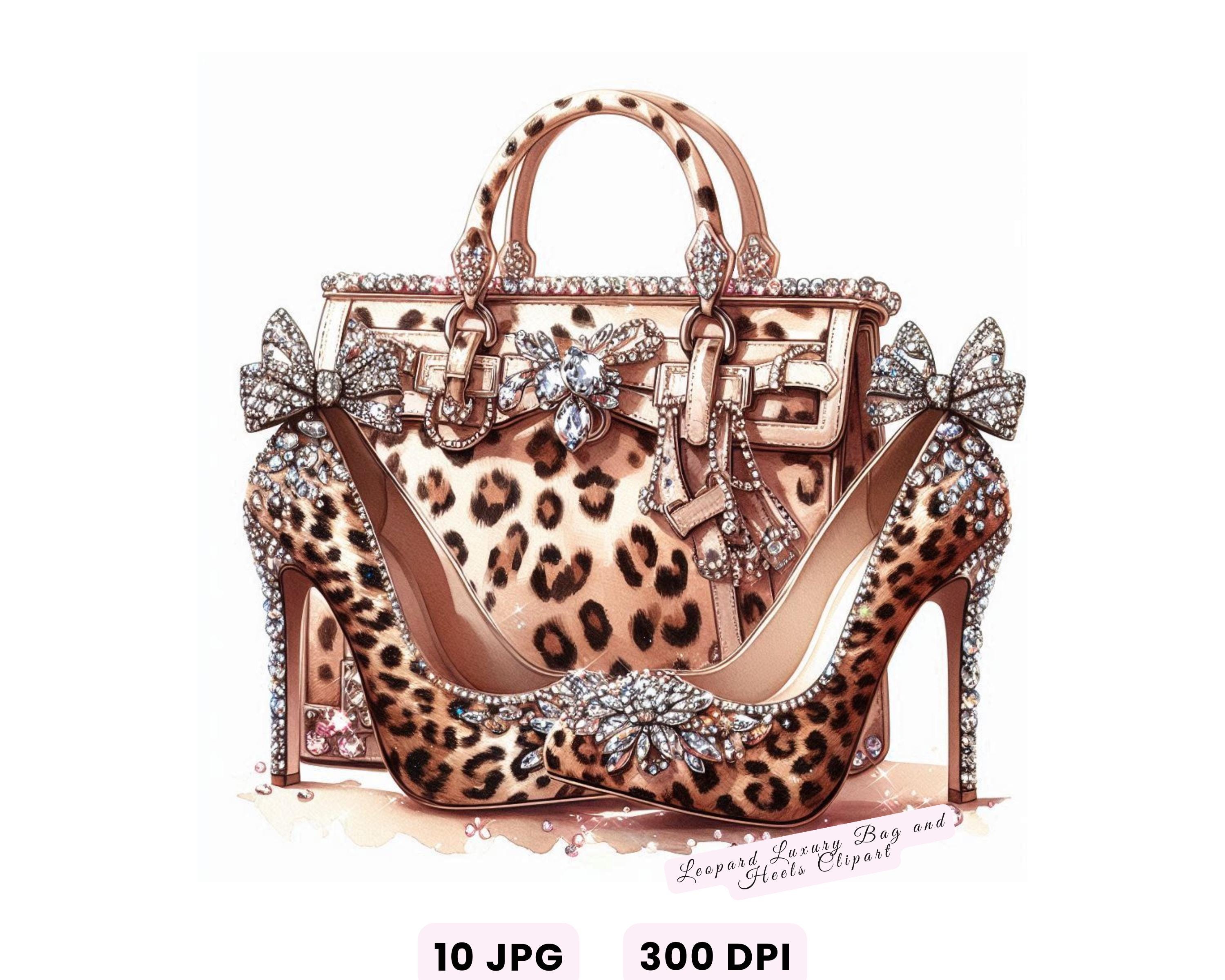 Leopard Print Luxury Bag & Heels Clipart Set, 10 Watercolor Designer ...