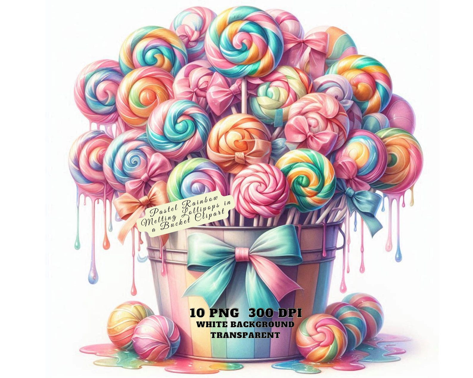 Lollipop Clipart, Pastel Rainbow Melting Lollipops in Bucket With Bow ...
