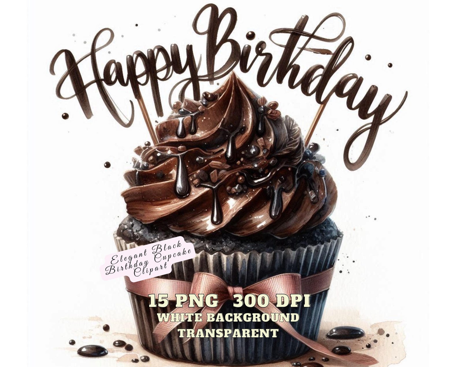 Elegant Black Birthday Cupcake Clipart, Watercolor Black Birthday ...