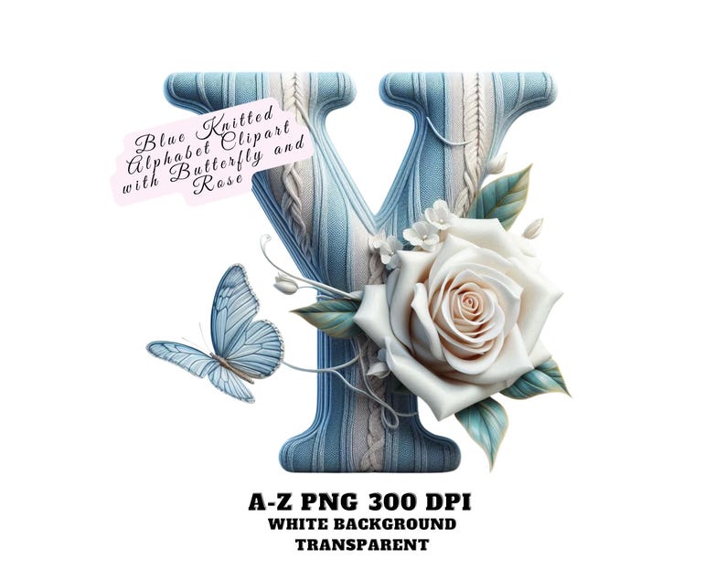 Alphabet Clipart, Blue Knitted Alphabet Clipart With Butterfly and Rose ...