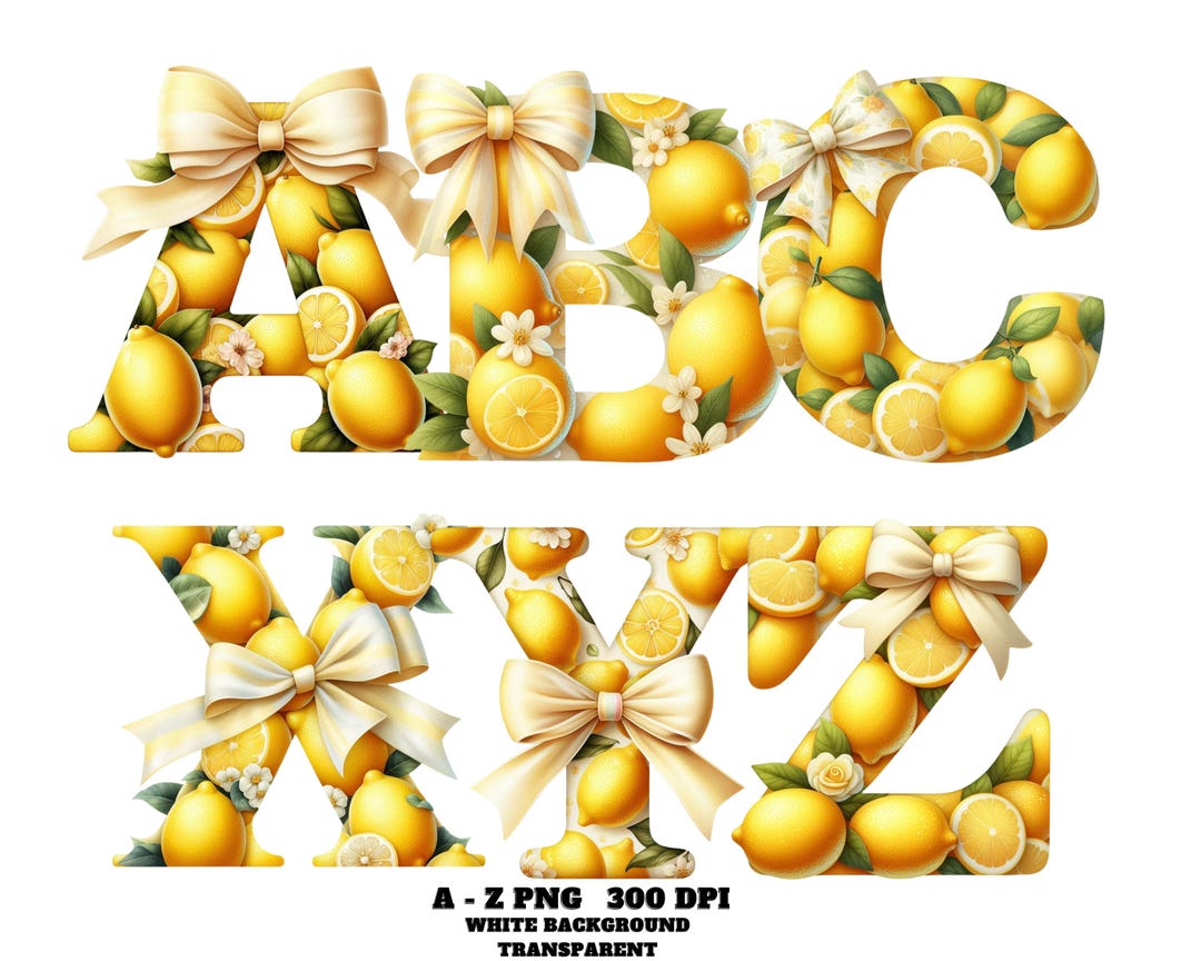 Lemon Alphabet Clipart, Watercolor Citrus Letters PNG, Yellow Summer ...