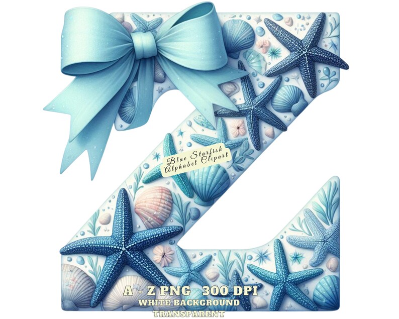 Blue Starfish Alphabet Clipart, Watercolor Ocean-themed Alphabet ...