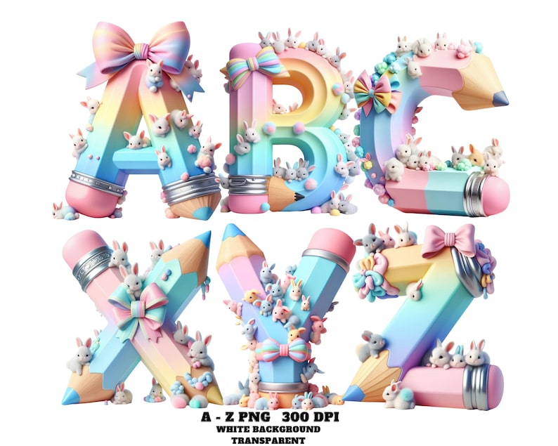 Alphabet Clipart PNG, Pastel Pencil Bunnies Letters, Back to School ...