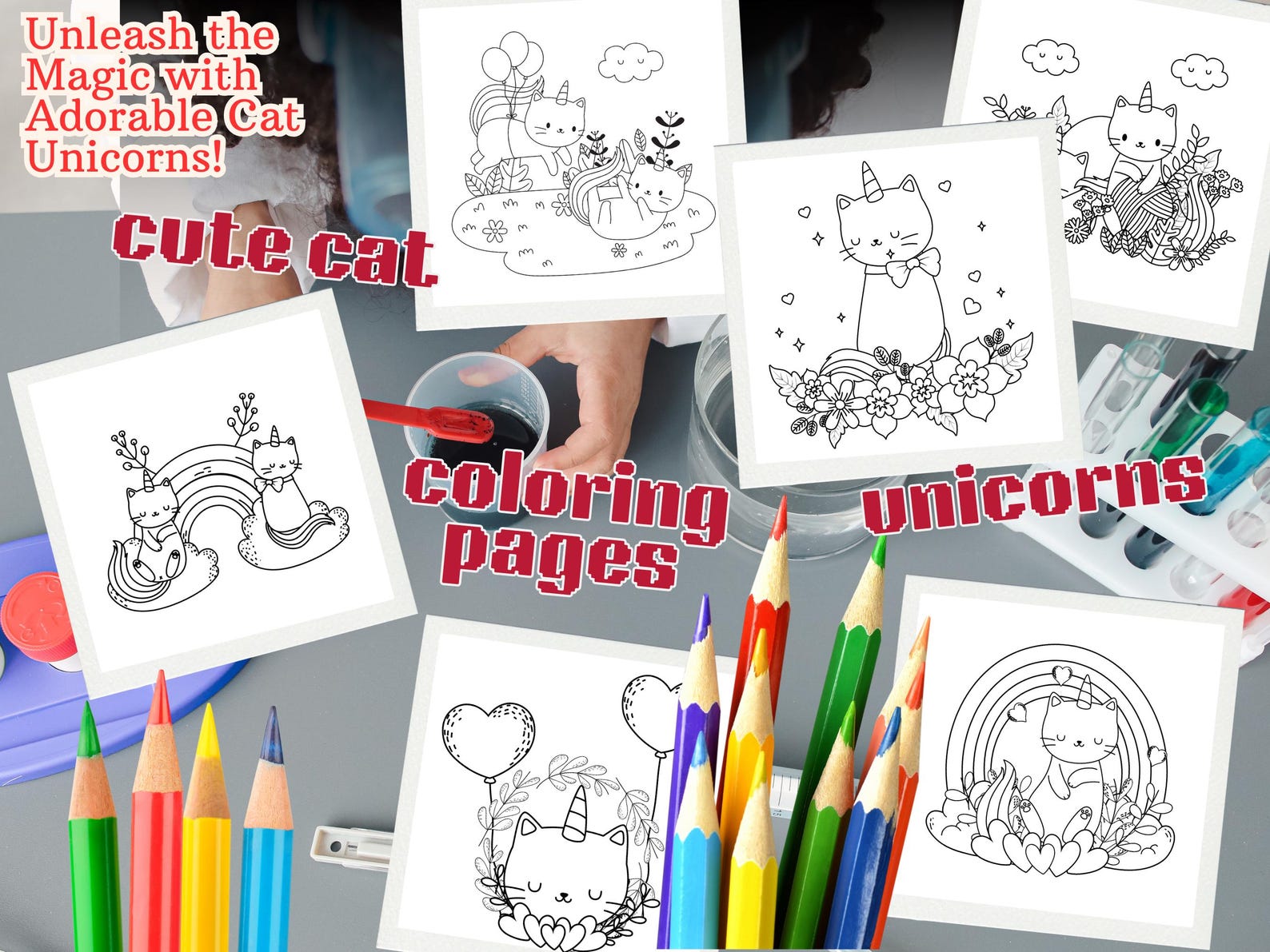 Unicorn Cat Coloring Pages for Kids, Kittycorn Coloring Book, Cute ...